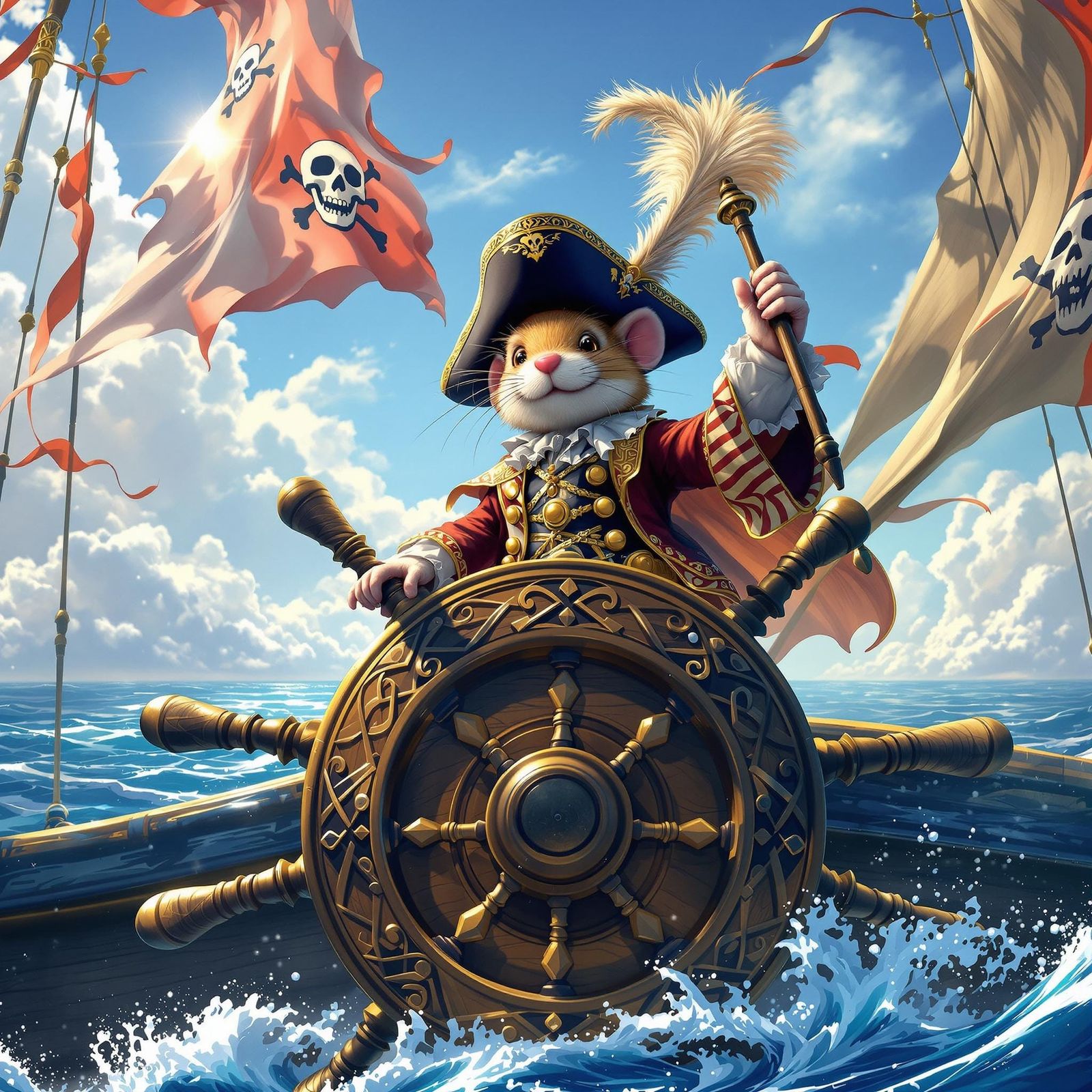 Regal Mouse Pirate Captain Standing on Majestic Pi... - AI Art