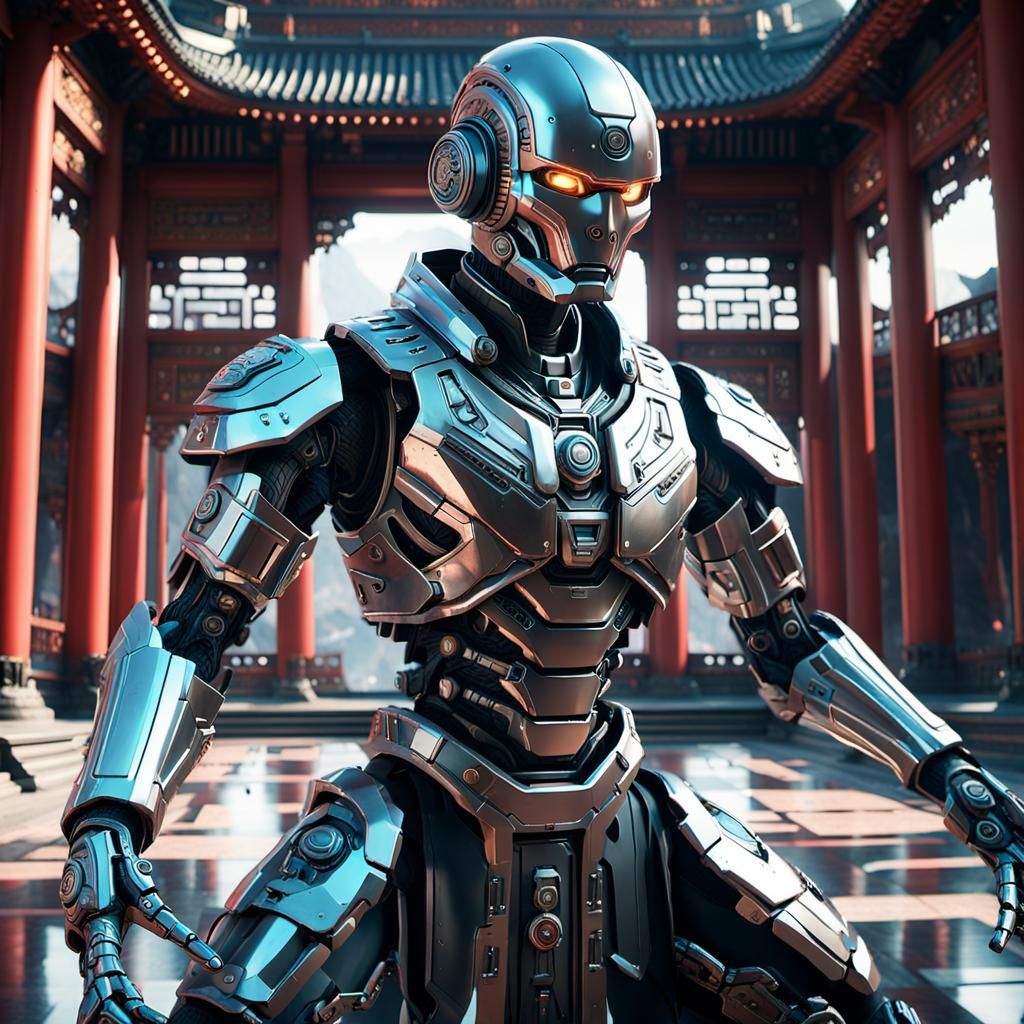 Amazing cyborg practicing tai-chi in a beautiful temple - AI Generated ...