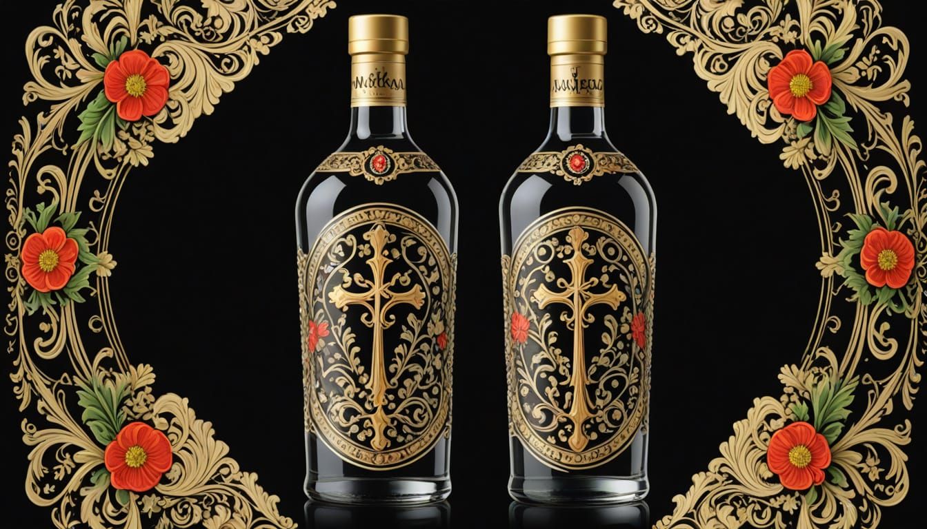 Traditional Russian Vodka Label in Palekh Style - AI Art