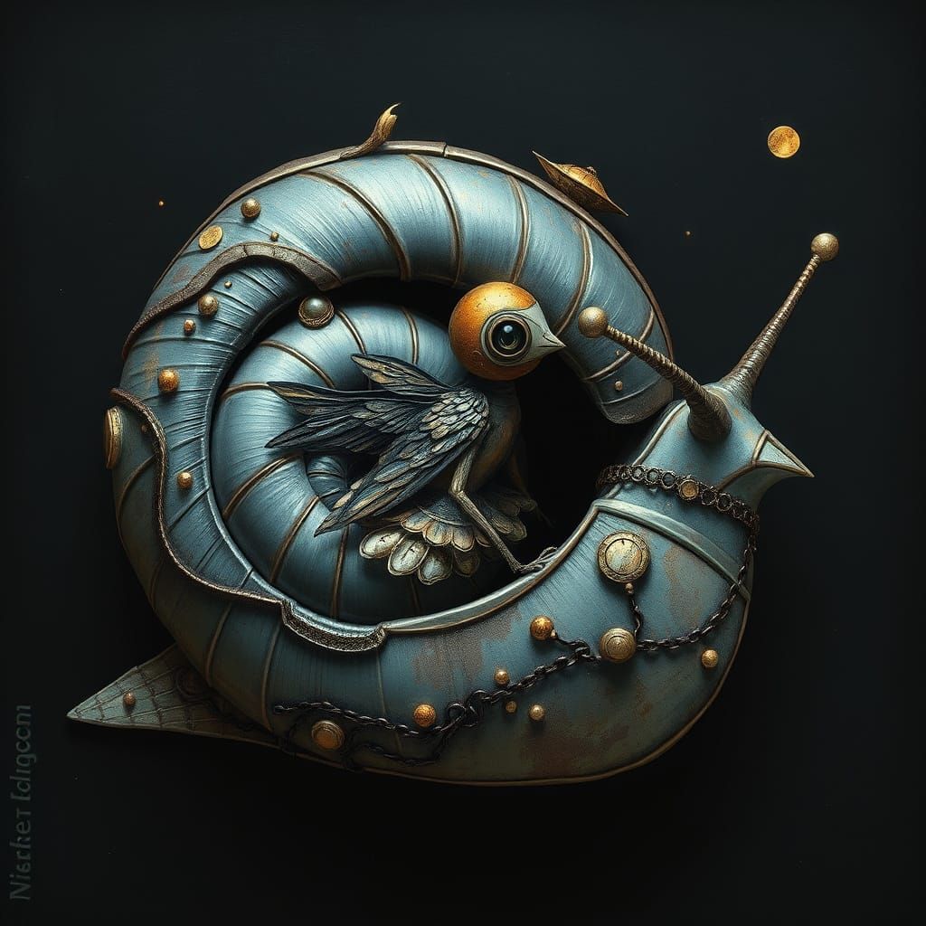 Surreal Robot Bird in Whimsical Victorian Snail Sh... - AI Art
