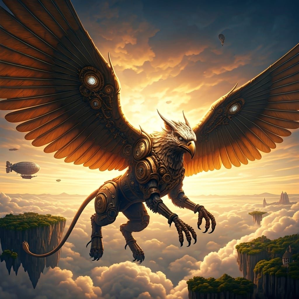 Steampunk Griffin Soaring Through Victorian Skies - AI Art