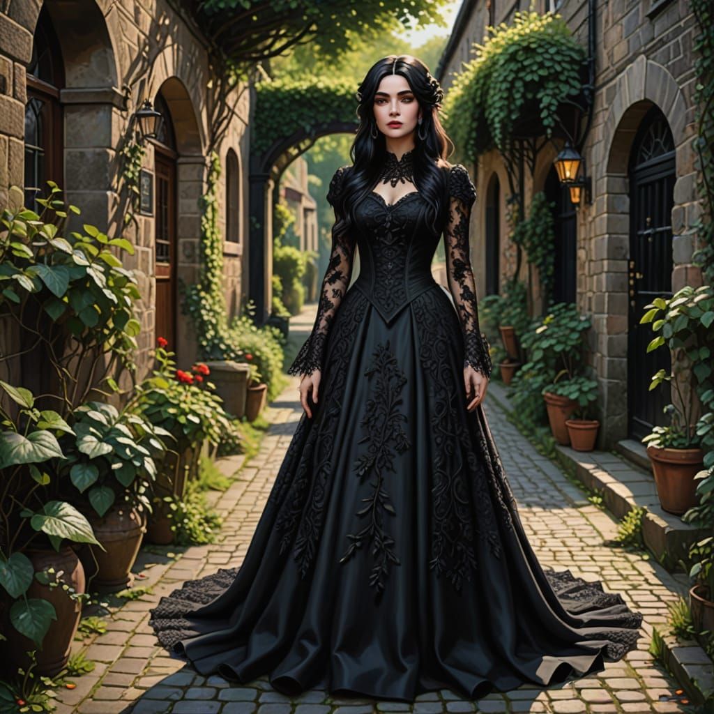 A beautiful goth woman dressed in an ornate, intricate full-length ...