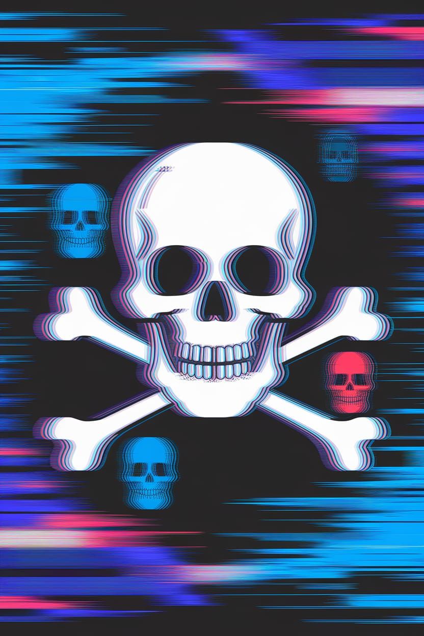 "A high-tech, neon Jolly Roger skull and crossbones, distorted by ...