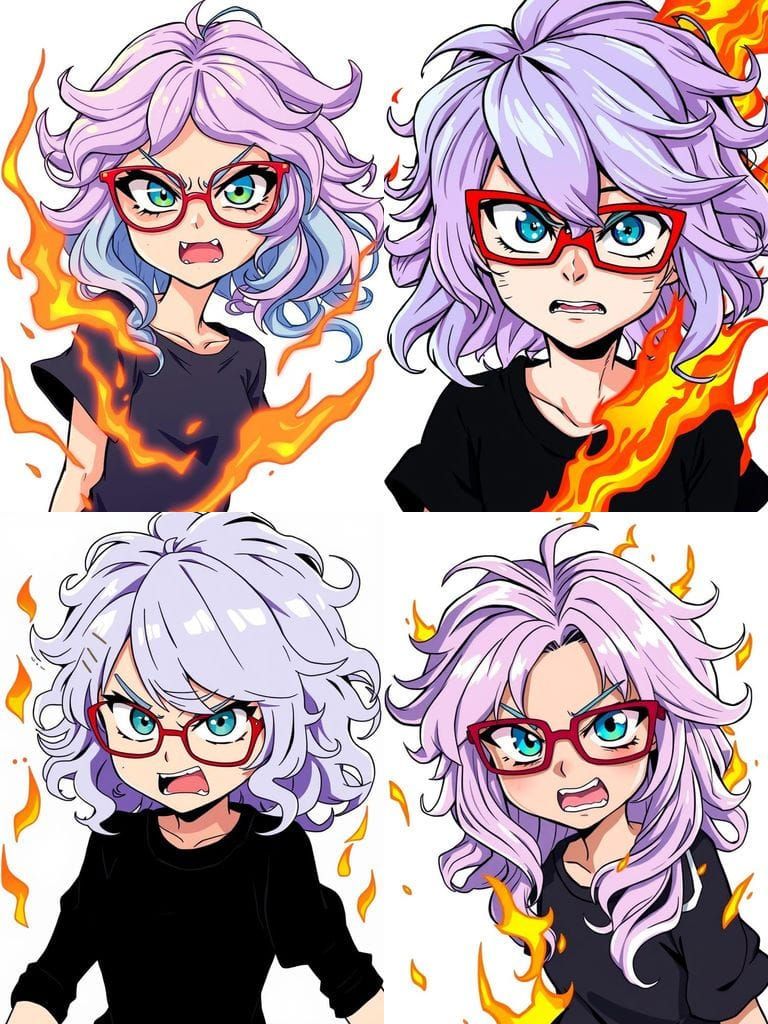 cartoon manga manic pixie dream girl, on fire, wavy lilac and blue hair ...