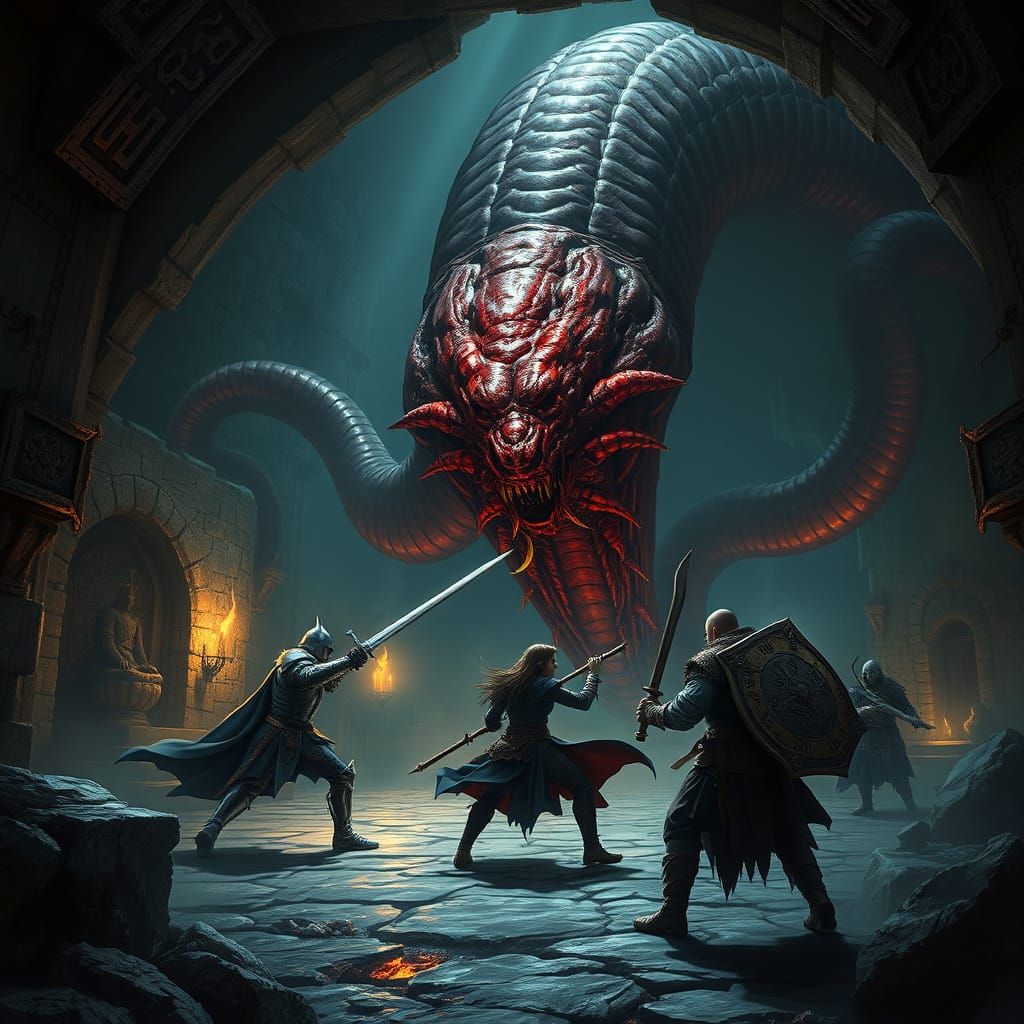Epic Dungeon Battle with Giant Monster Worm - AI Art
