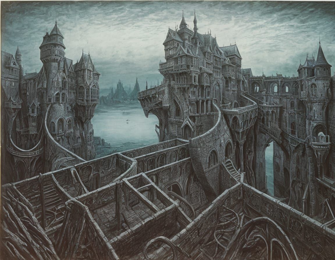Castillo - Surreal Castle Landscape in Dark, Intricate Style
