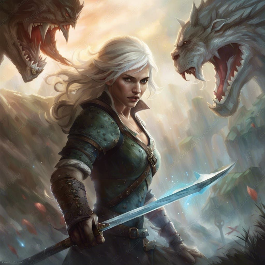 beautiful face, princess cirilla from the witcher, fighting a monster ...
