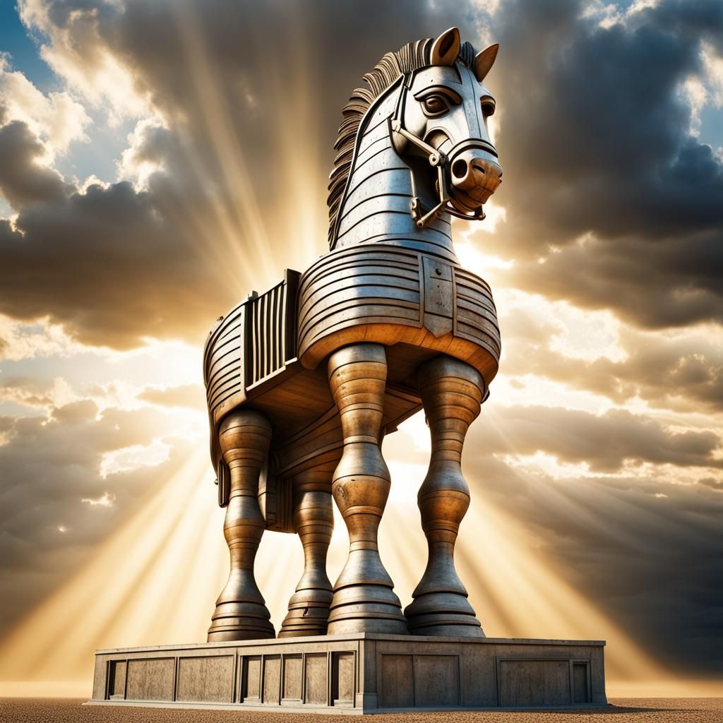 Hyper-realistic vibrant image of the Trojan Horse used for invasion of ...