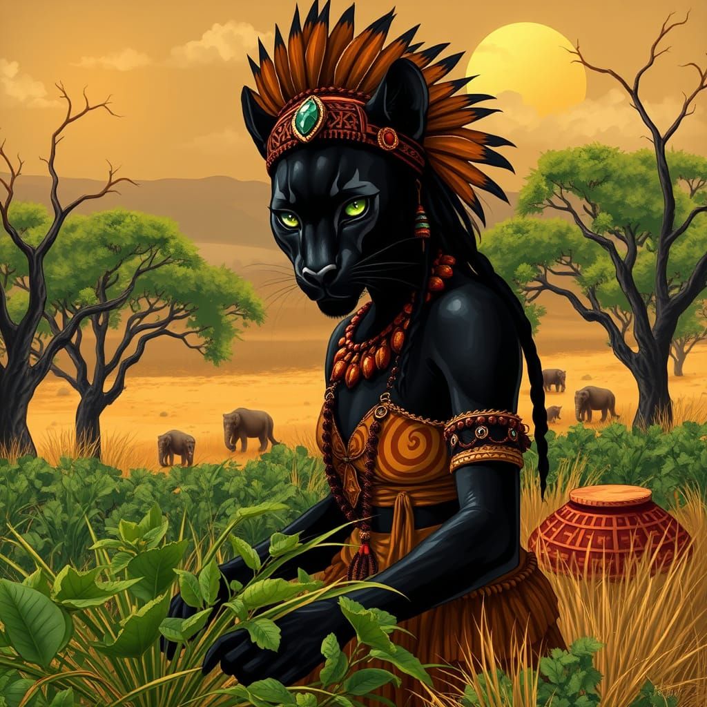 Karo the Farmer - Majestic Panther Goddess Tends Golden Sava...