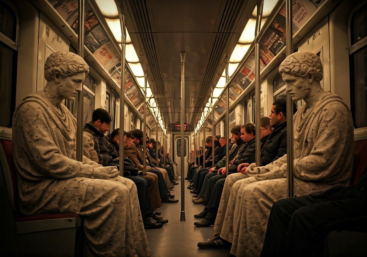 Stoic Marble Statues Amidst Subway Rush Hour Chaos - AI Art