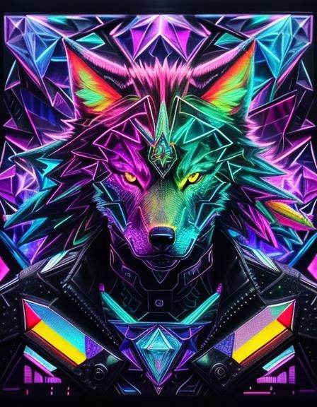 (neon colored wolf guy with leather jacket, intricately detailed ...