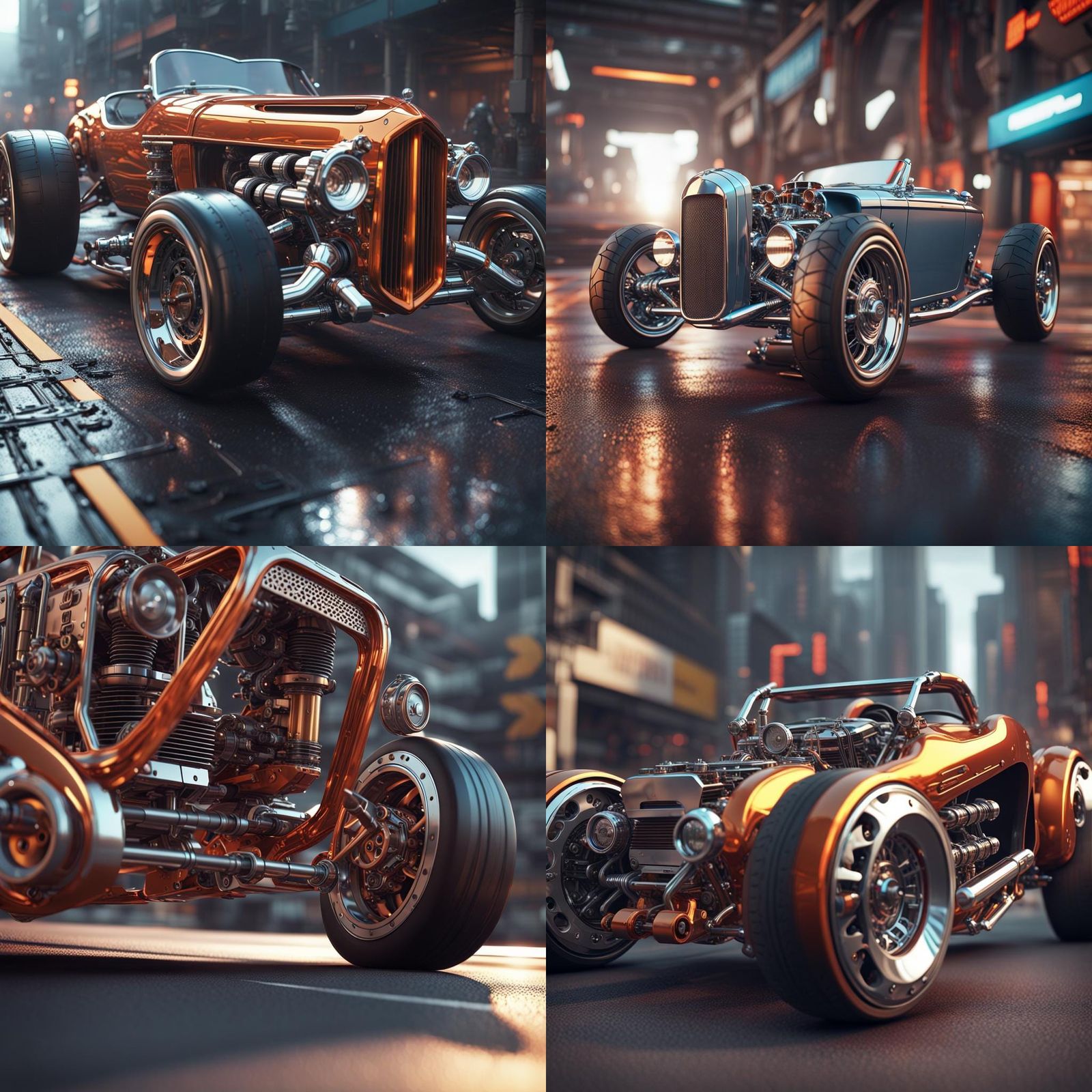 hot rod roadster street racing intricate mech details, ground level ...