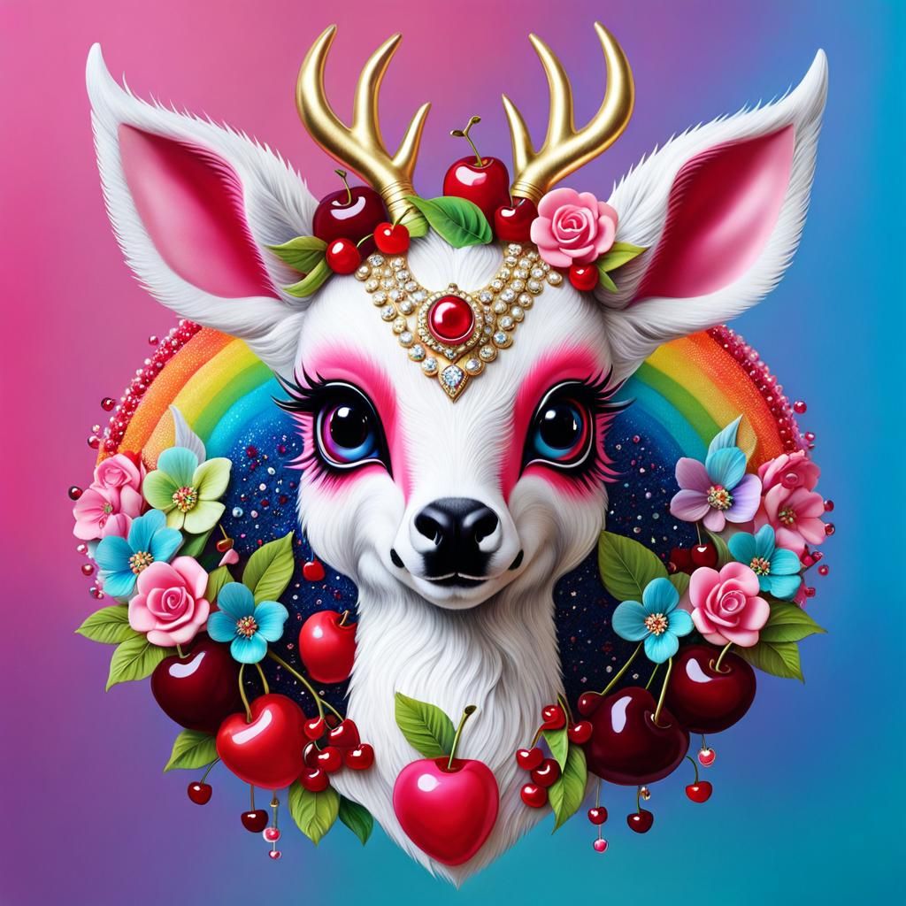 Realistic cute whimsical retro baby half deer half donkey with an evil ...