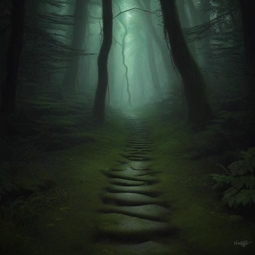 Dark foreboding path into an enchanted forest leading to a moss covered ...