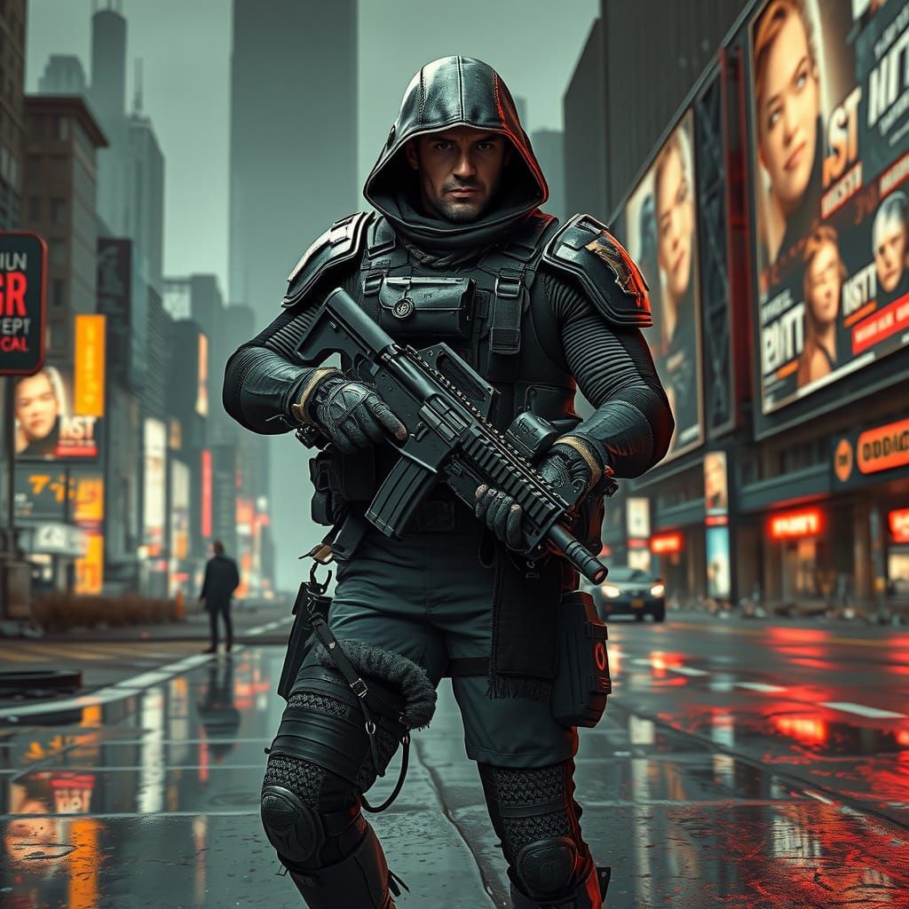 hyper-realistic, man, Street Samurai, wielding assault rifle, body ...