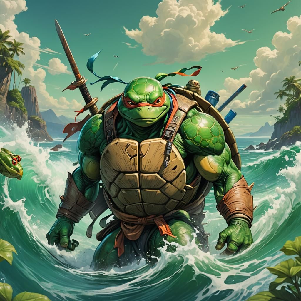 a ninja turtle in a green sea with a green sky - AI Generated Artwork ...