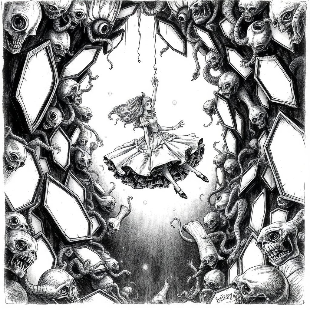 black and white pen and ink sketch John Tenniel style with a white ...