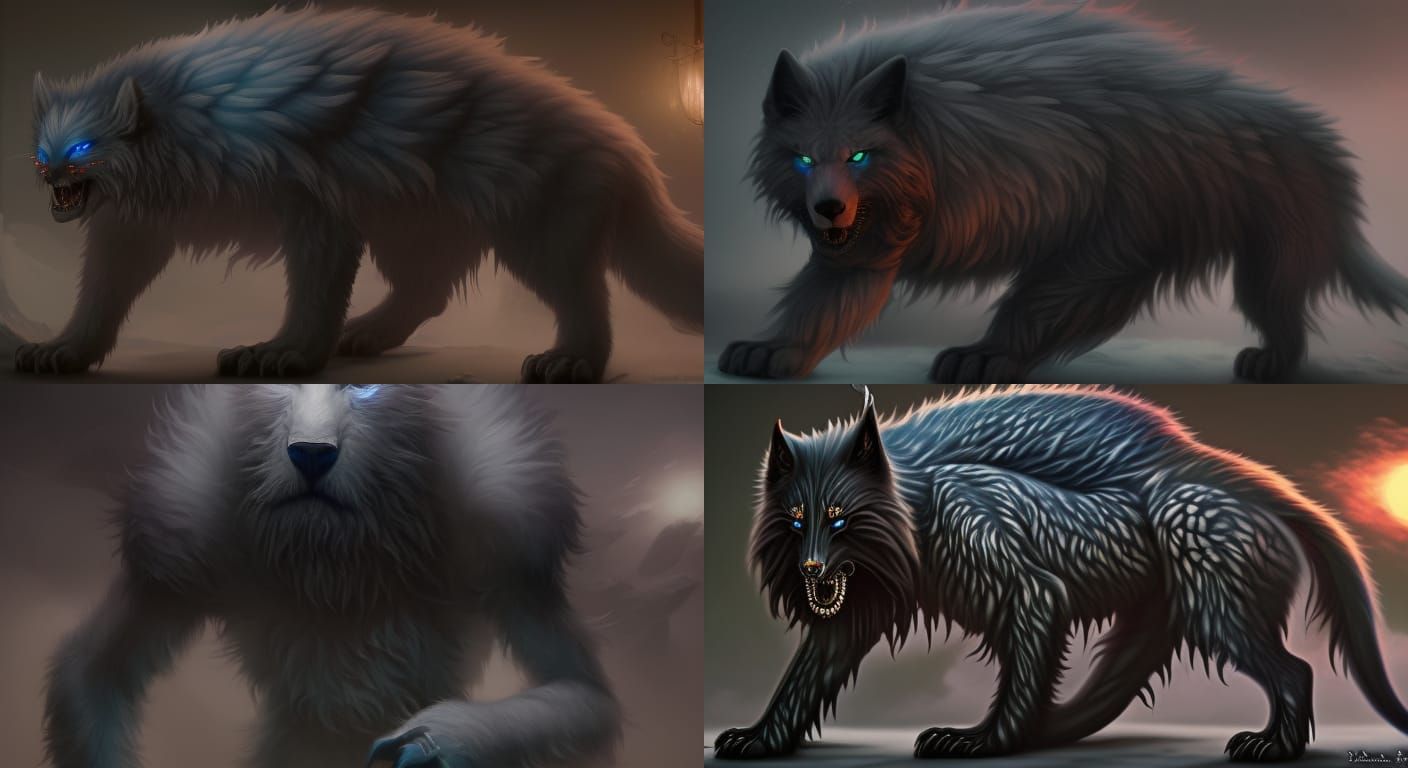 An alpha fenrir wolf. Pitch black fur with 6 silver lines of furl, 3 ...