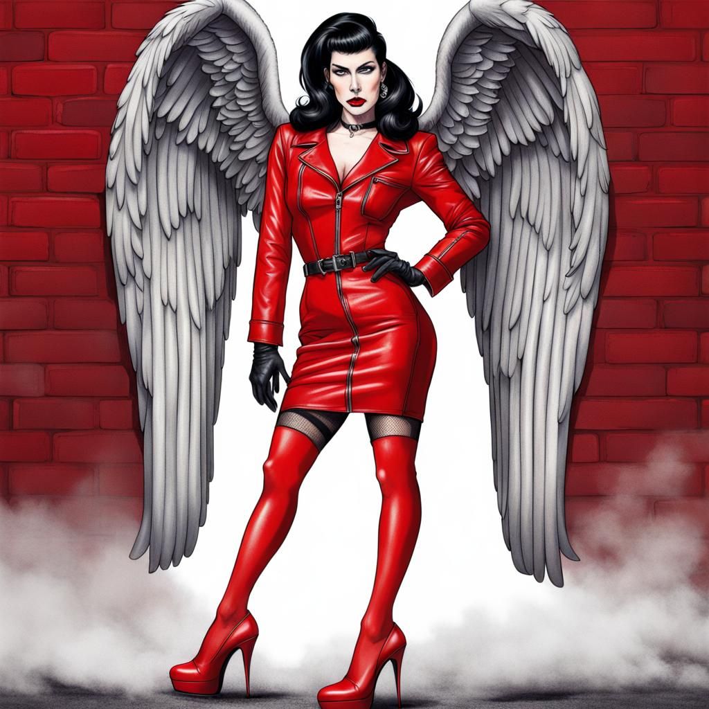 tom of finland crazy hot goth angel in a red leather dress high heels ...