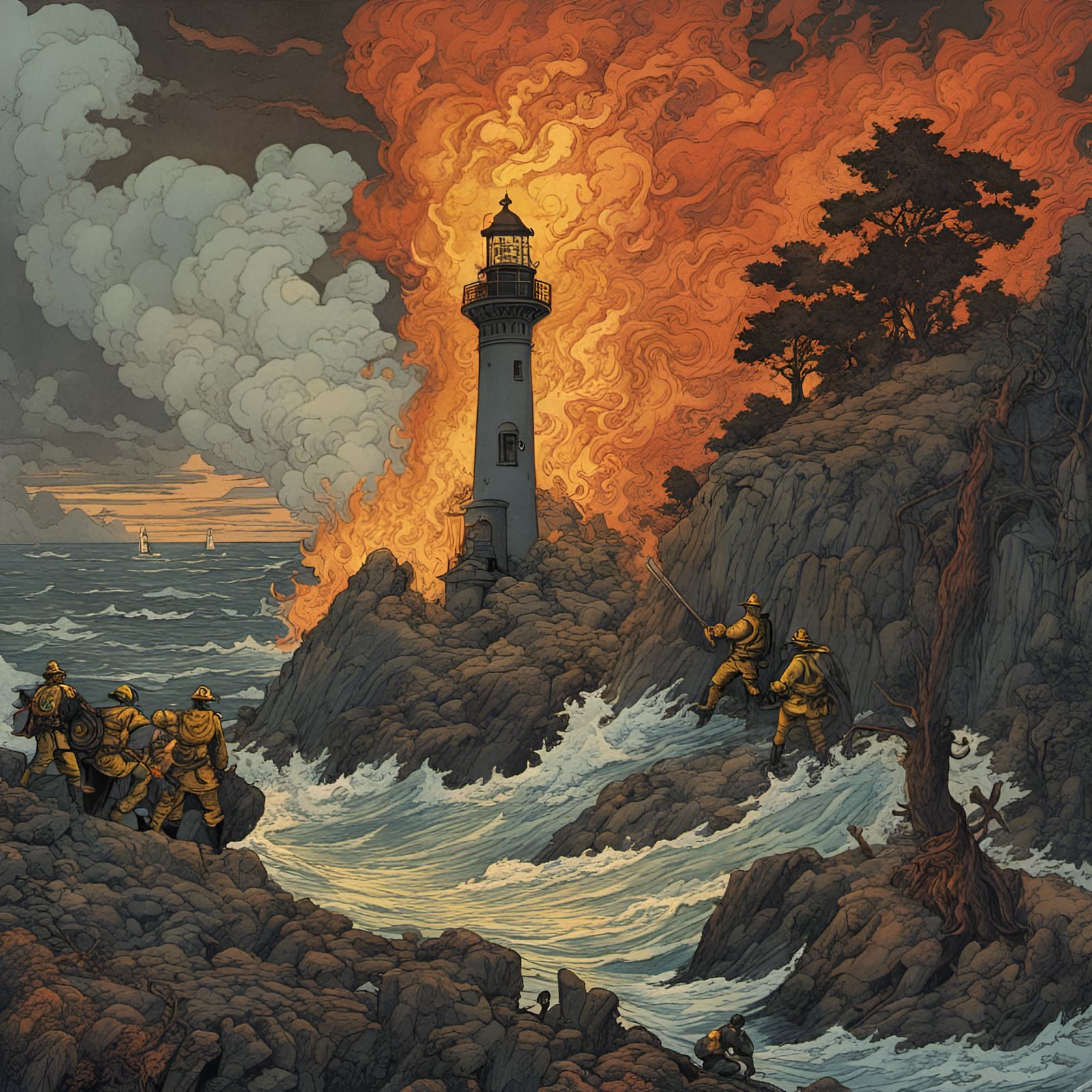 Lighthouse on fire and firefighters battle it - AI Generated Artwork ...