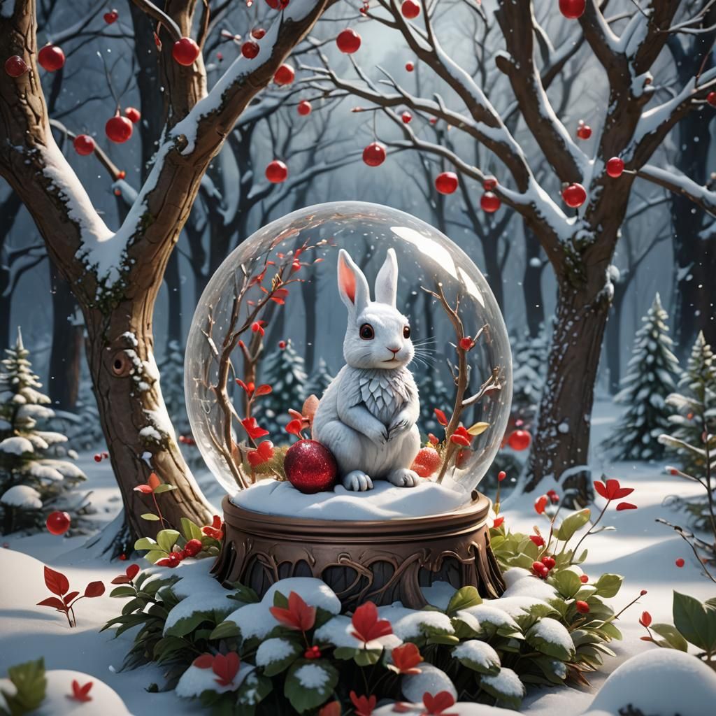create a snow globe scene with soft leaves, adorable red center, white ...
