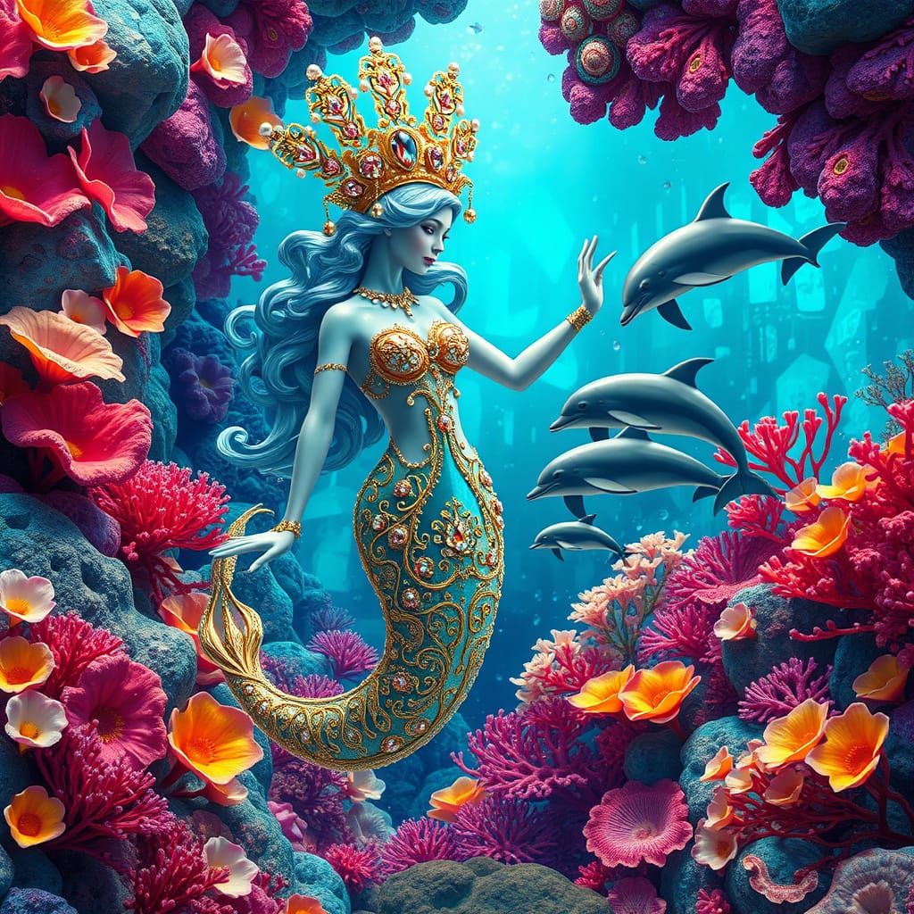 Mermaid Queen playing with Dolphins