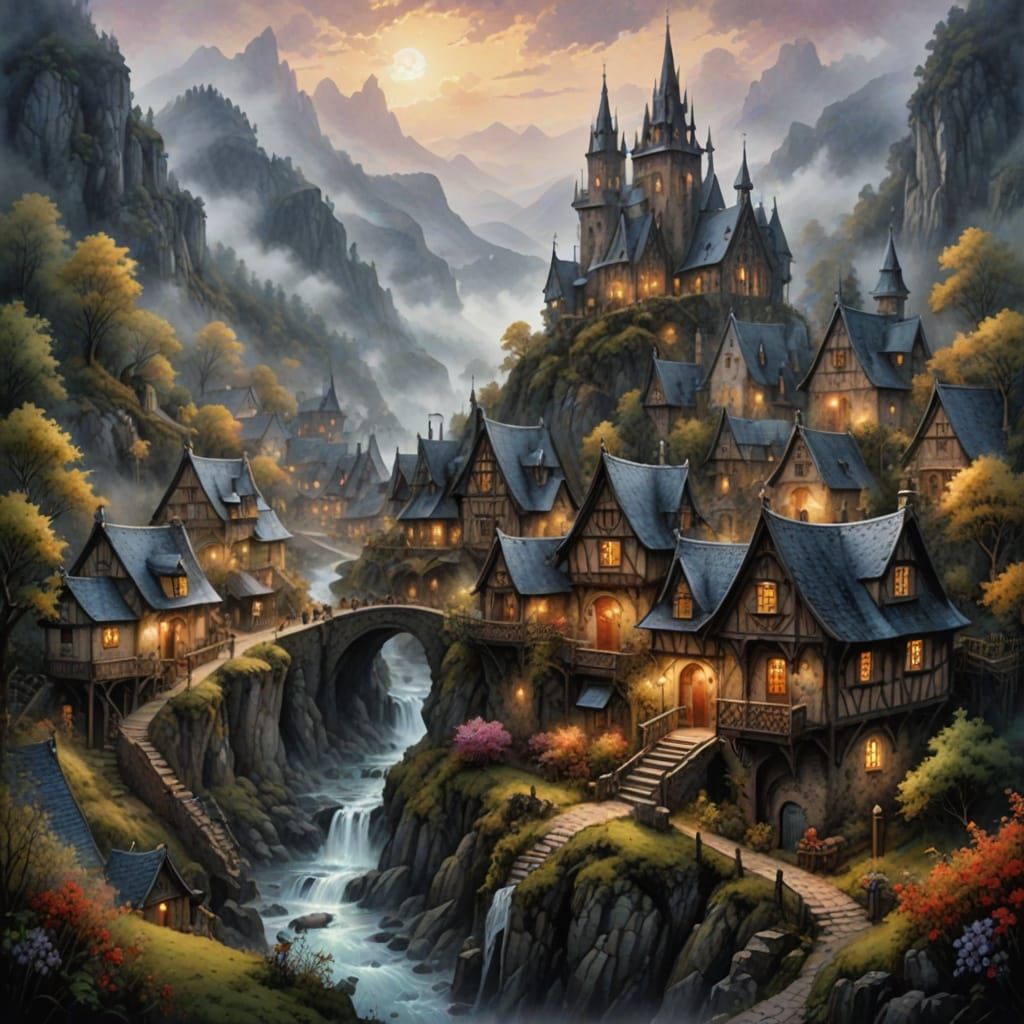 Mystical Watercolor Village in a Romantic Gothic F... - AI Art
