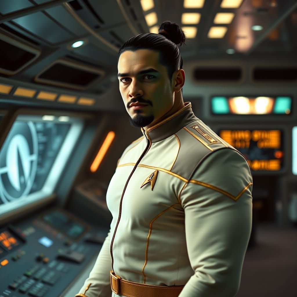 ISS Victory crewman - Emerald-Skinned Man on Starship Bridge...