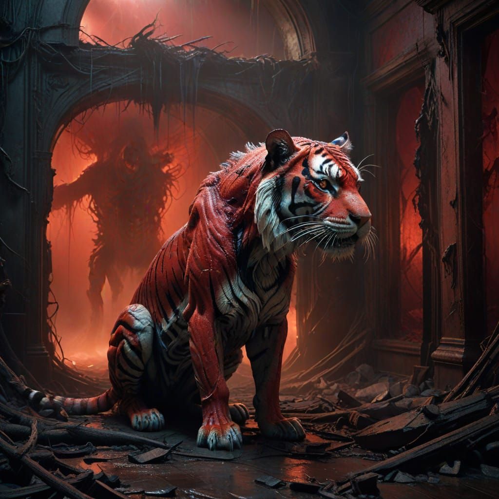 A hauntingly surreal, hyper-realistic gothic Tiger, shrouded in an ...