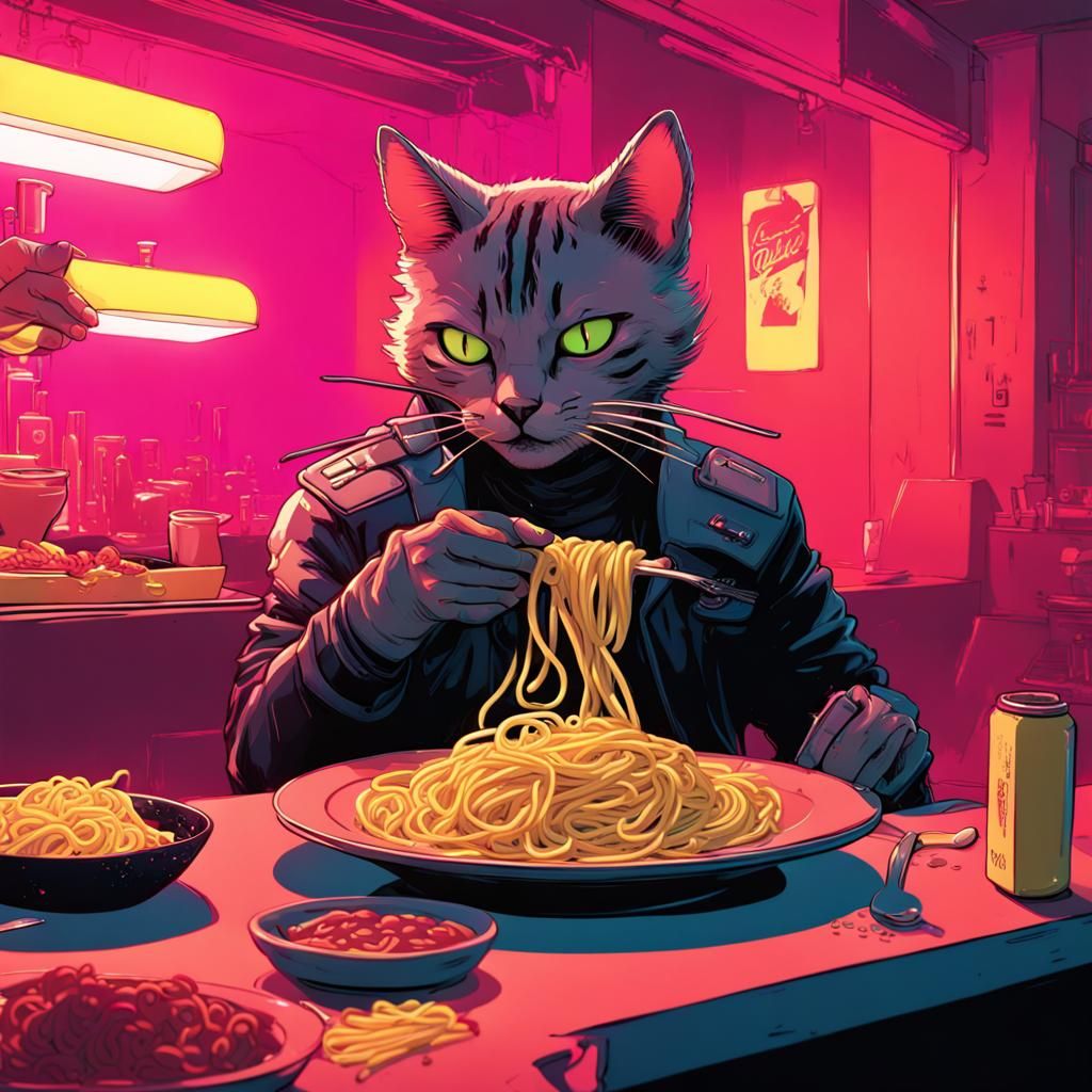 italian cat eating pasta - AI Generated Artwork - NightCafe Creator