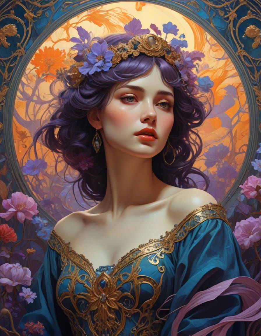 Ethereal Nightmare Dreamscape in Vibrant Art Nouve... - AI Art