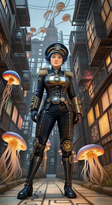 Cyberpunk Steampunk Goddess Emerges from Urban Lab... - AI Art