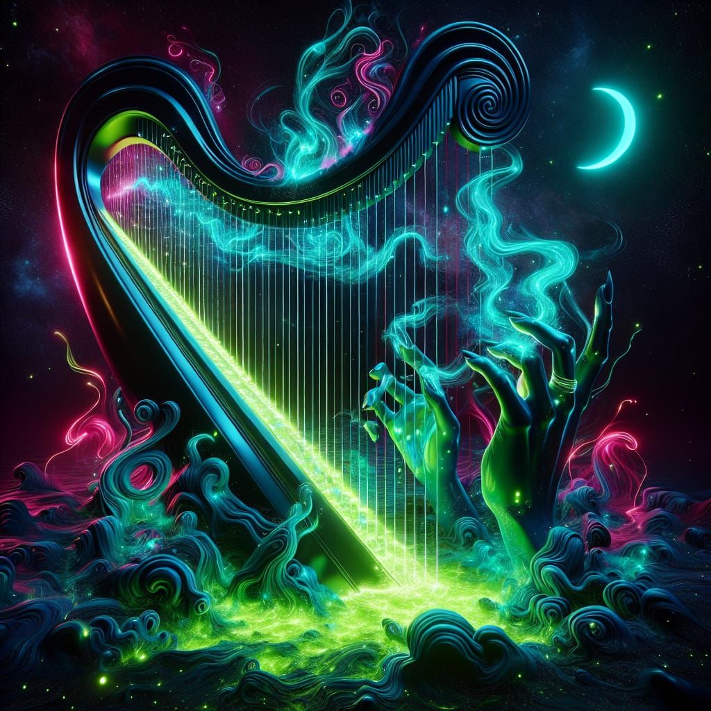 In a surrealistic neon cosmic technomystical style, a giant cosmic harp ...