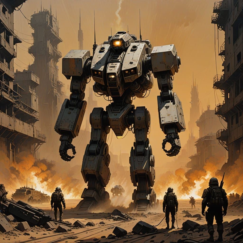 A realistic mech, thirty feet tall, equipped with lasers and rockets ...