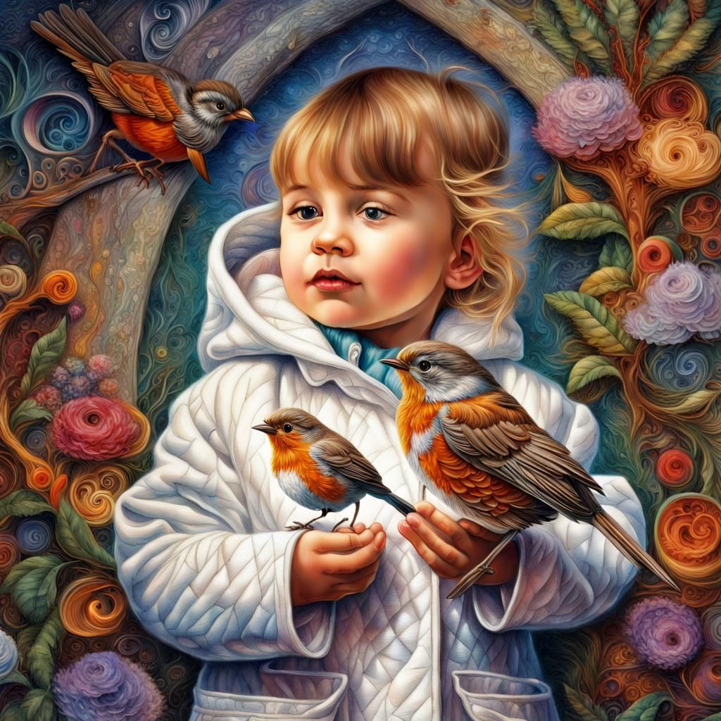 Young toddler Wearing a white coat and a Robin at her hand 8k ...