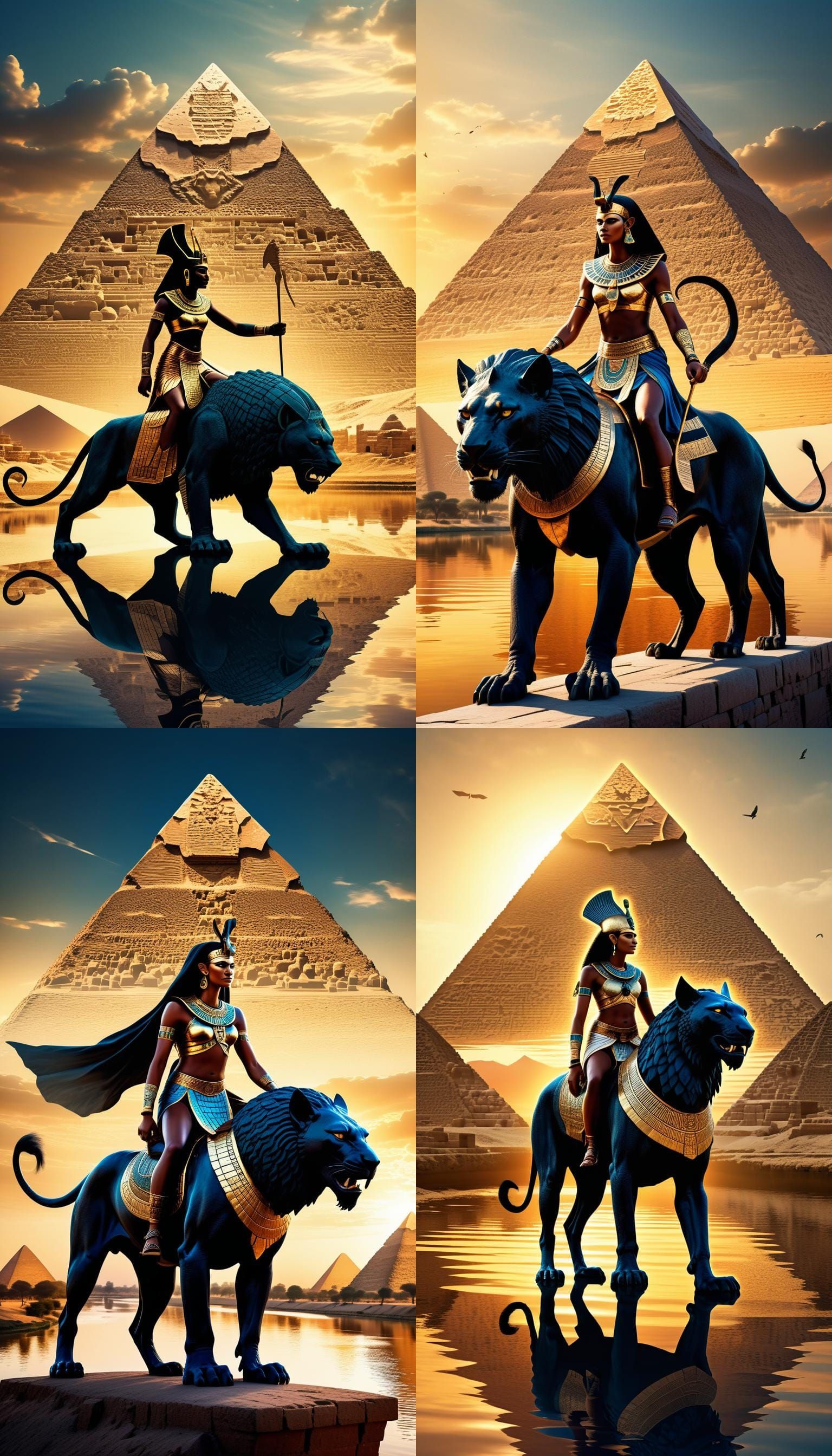 An ancient Egyptian Goddess riding a Manticore in front of The Great ...