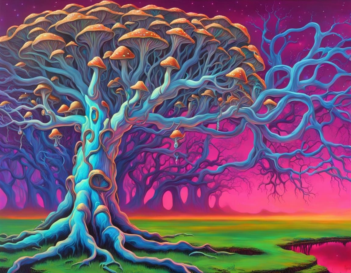 Mushroom Tree - Surreal Mushroom Tree in Neon, Bio-Luminesce...