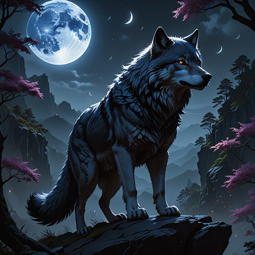 A wolf under the moonlight - Moonlit Wolf Stands Tall in a V...