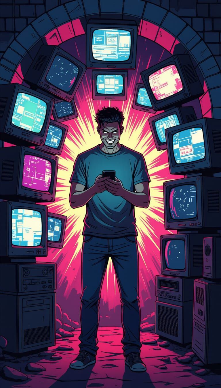 Sinister Smile Under CRT Monitor Archway - AI Art