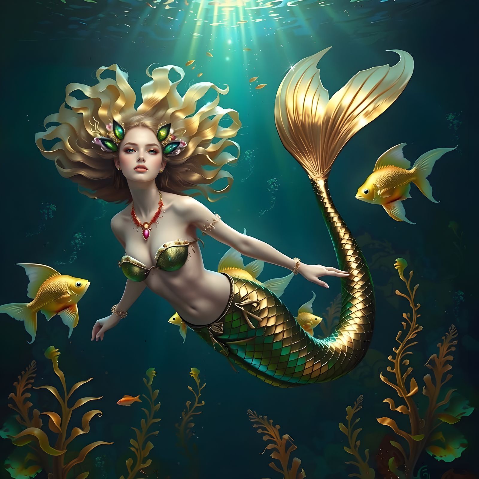 Naiad Art - Hyper-Realistic Mermaid Portrait in Golden Light...