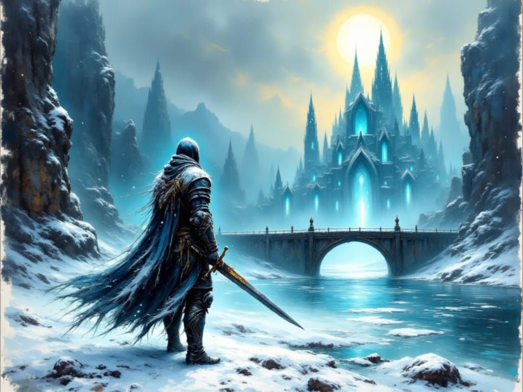 A lone knight stands at the gates of the Winter Kingdom, their armor ...