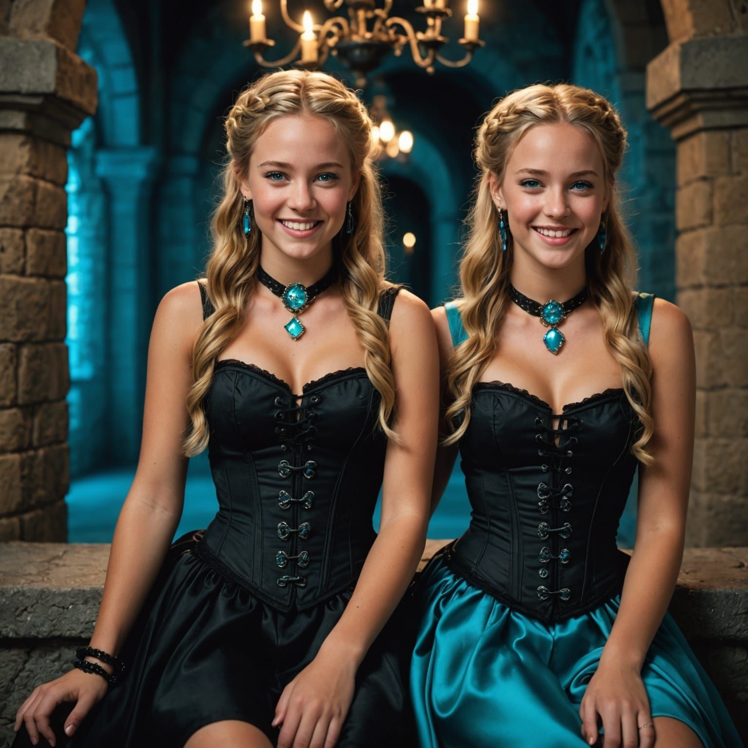 medium shot and artistic shading of two 19 year old beautiful looking teens - twins - with long ...