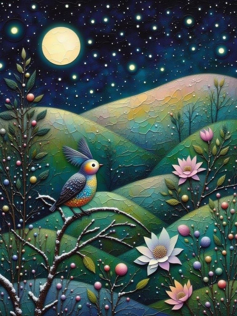 A vibrant and whimsical nighttime scene unfolds under a full moon, with ...