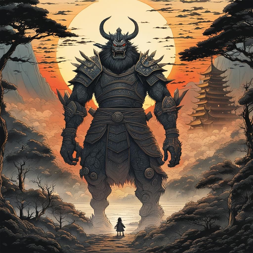 A giant monster, Japanese ink drawing, in the style of samurai legends ...