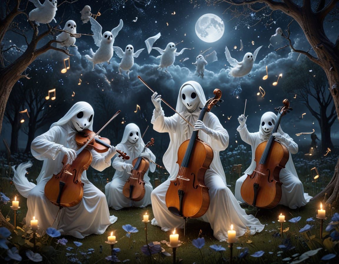 Ghost Conductor Leads Whimsical Orchestra Under St... - AI Art