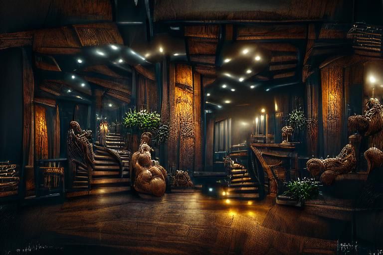 Dark cozy wooden lobby warm lighting beautifully lit Ferdinand Knab [8K ...