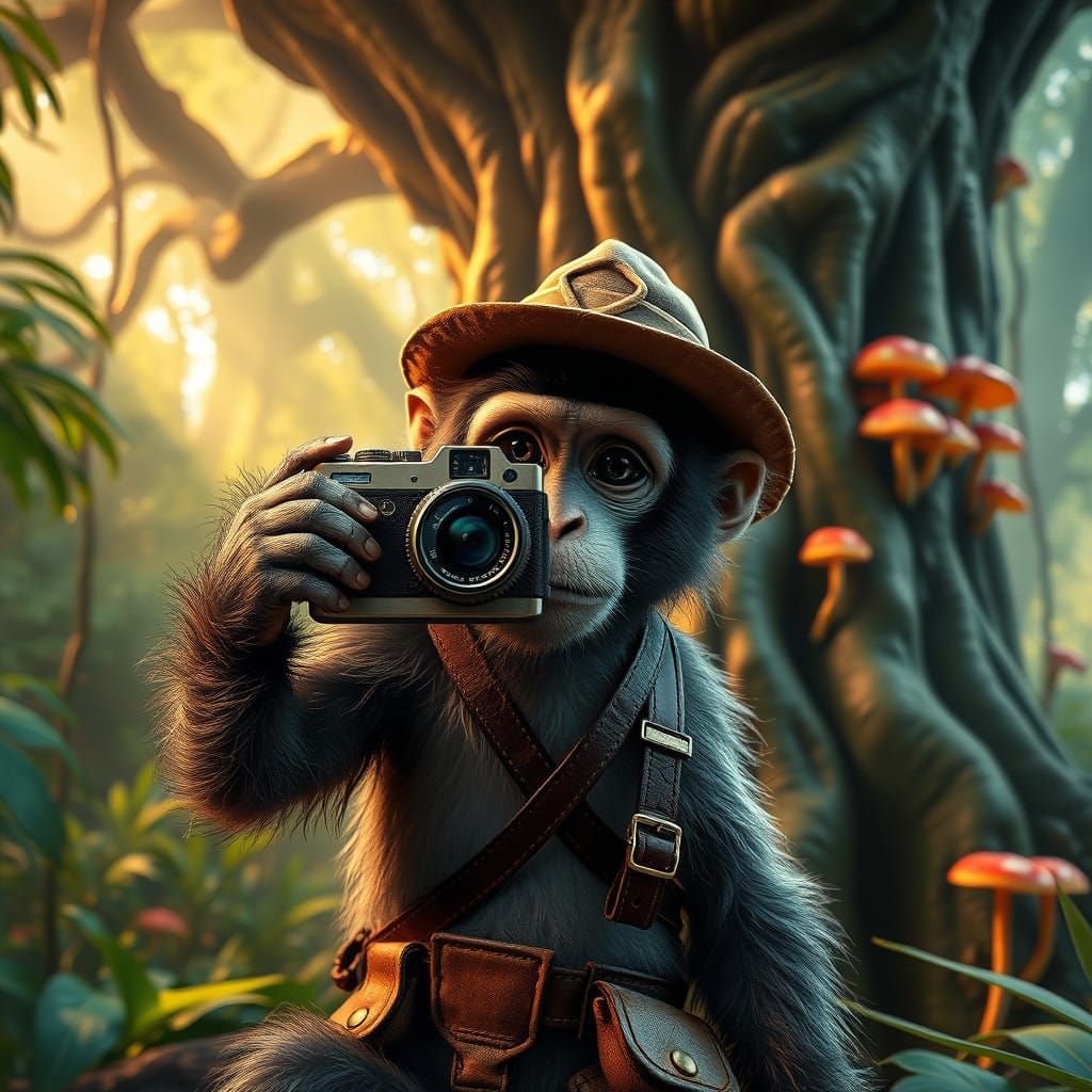 monkey adventurer taking a picture with a camera