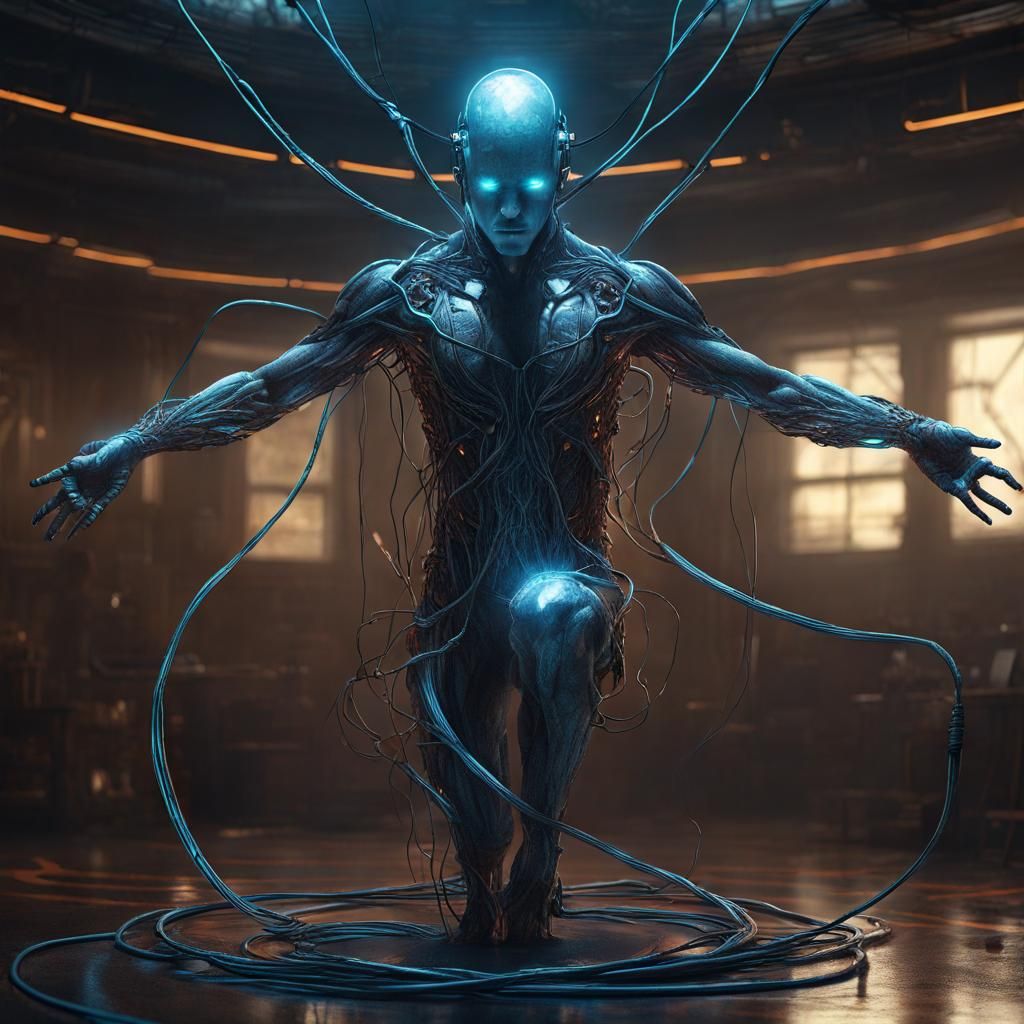 Transhumanist techno god full body levitating connected to cables - AI ...
