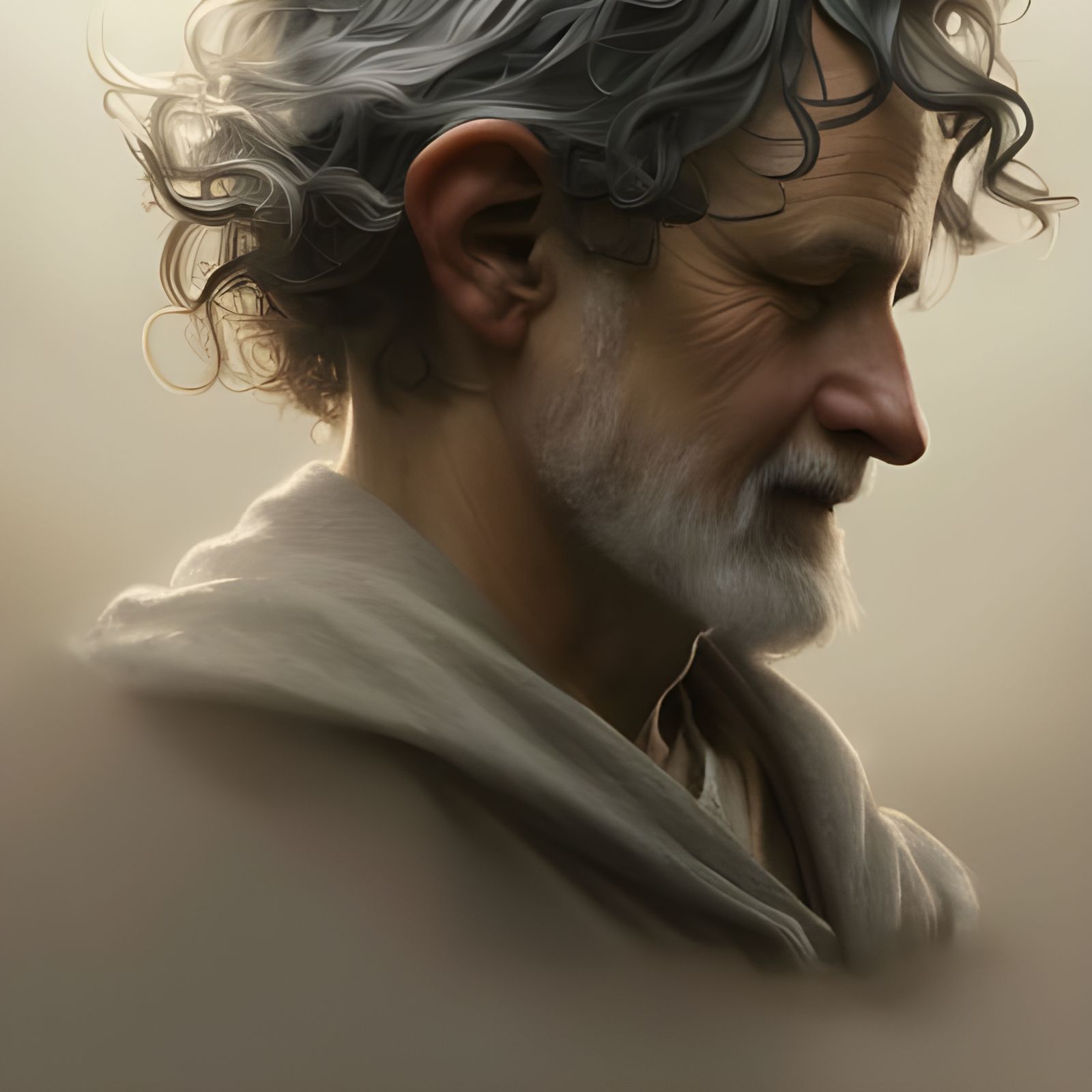 Aged silver gray hair Frodo, in Valinor full head and shoulders ...