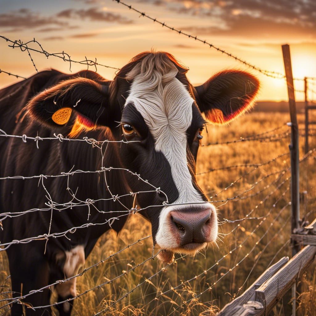 A closeup of a hefer cow sticking his nose through a barb wire fence at ...